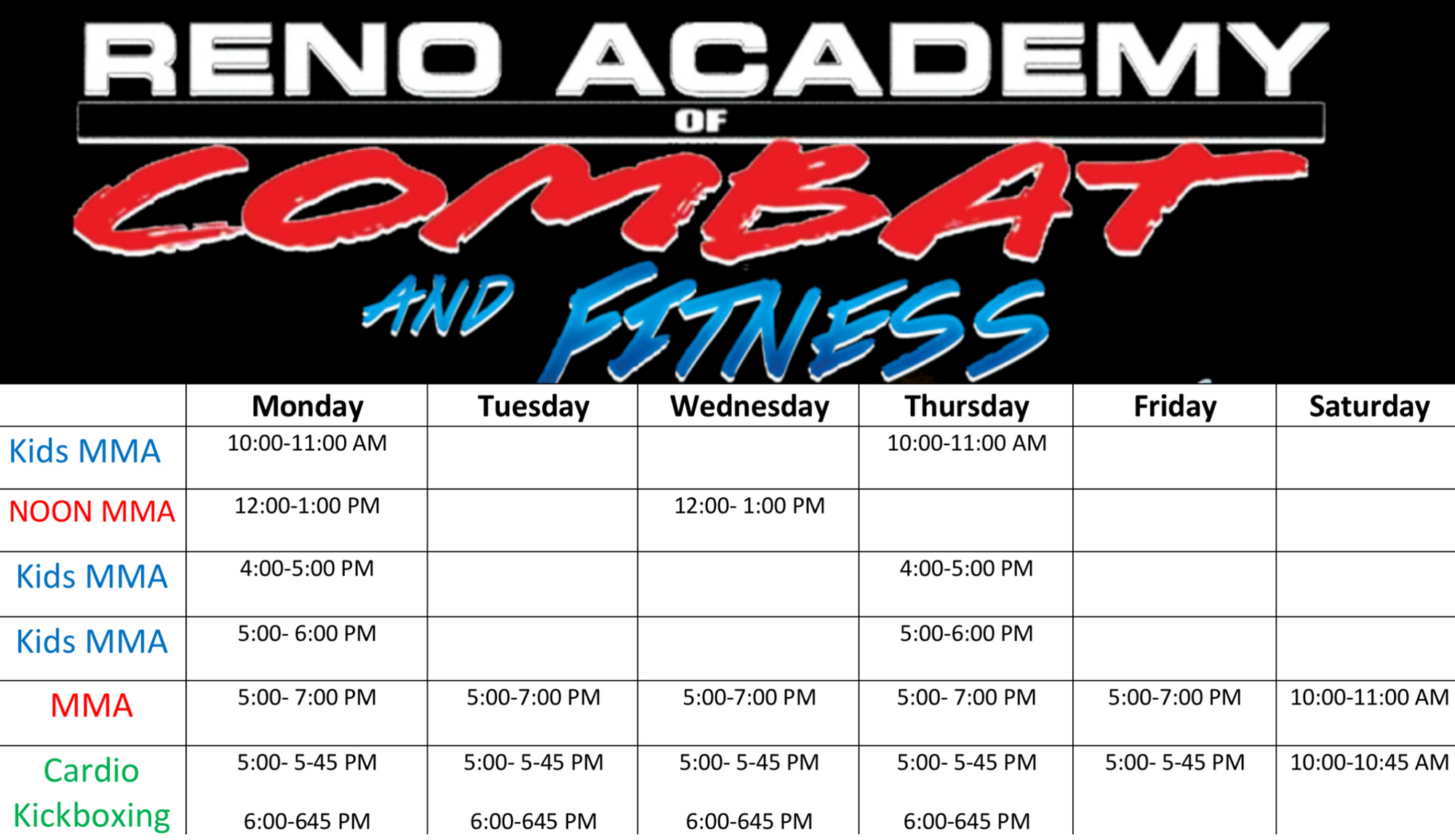 Reno Academy of Combat | Training Schedule Reno & Sparks
